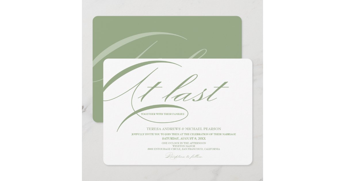 At last Modern Calligraphy Wedding Green Invitation | Zazzle