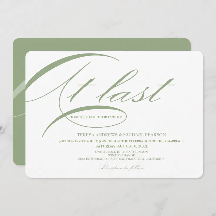 At last Modern Calligraphy Wedding Green Invitation | Zazzle