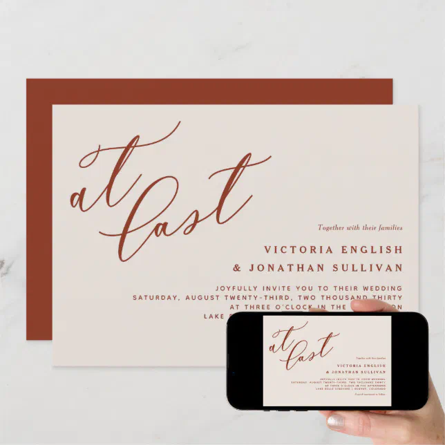 At Last Terracotta Modern Calligraphy Wedding Invitation | Zazzle