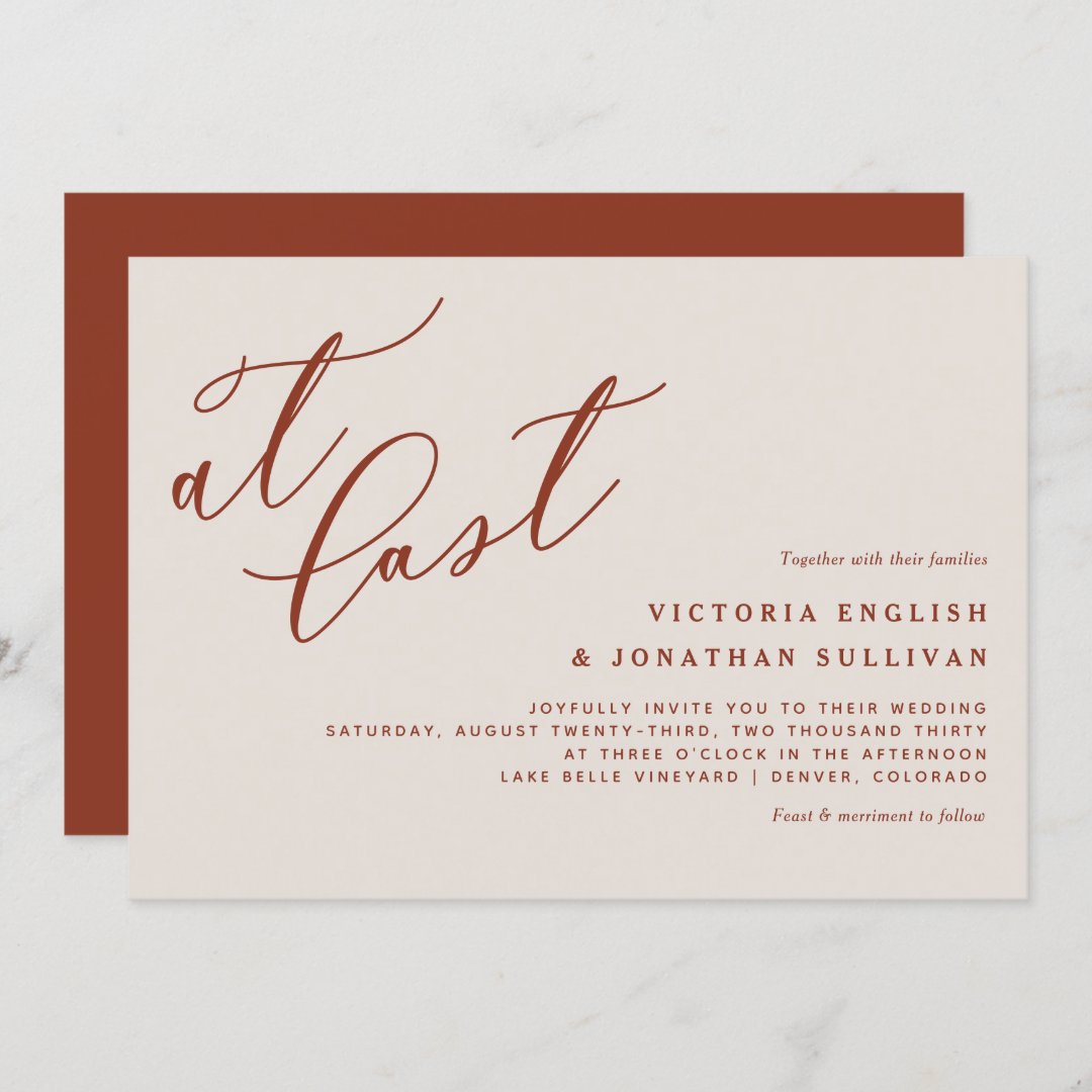 At Last Terracotta Modern Calligraphy Wedding Invitation | Zazzle