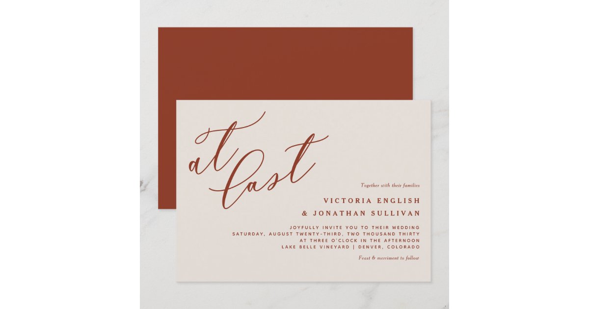 At Last Terracotta Modern Calligraphy Wedding Invitation | Zazzle
