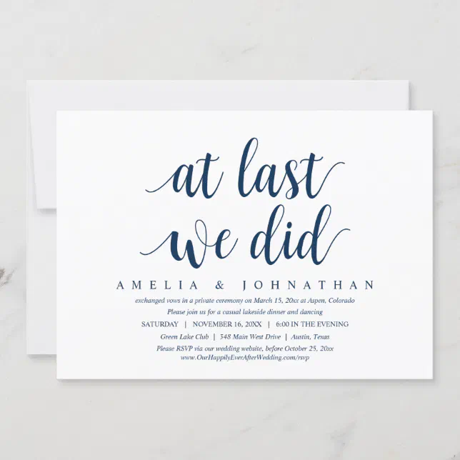 At Last, We Did, Wedding Elopement Dinner Invitati Invitation | Zazzle