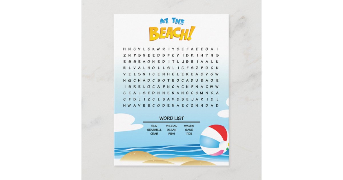 At the Beach Word Search Activity Card | Zazzle