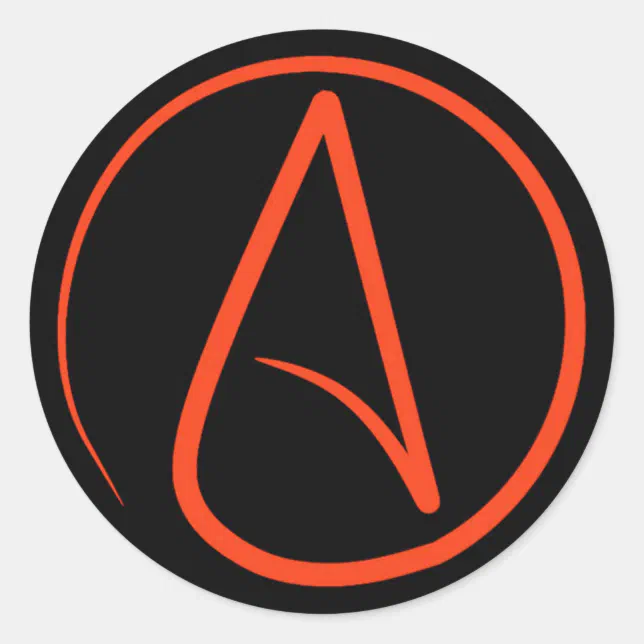 Atheist symbol: orange on black classic round sticker | Zazzle