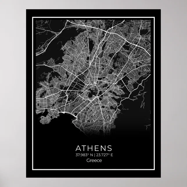 Athens City Map - Athnes Black Map Poster | Zazzle