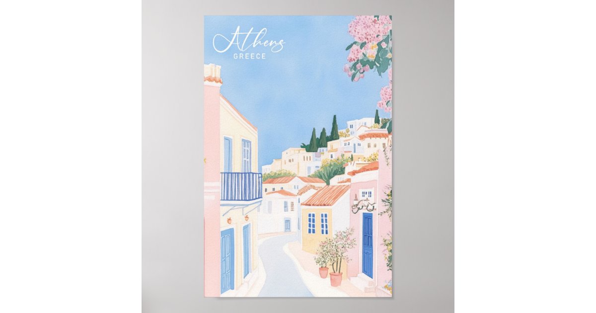 Athens Greece Gouache Paint Illustration Travel Poster | Zazzle