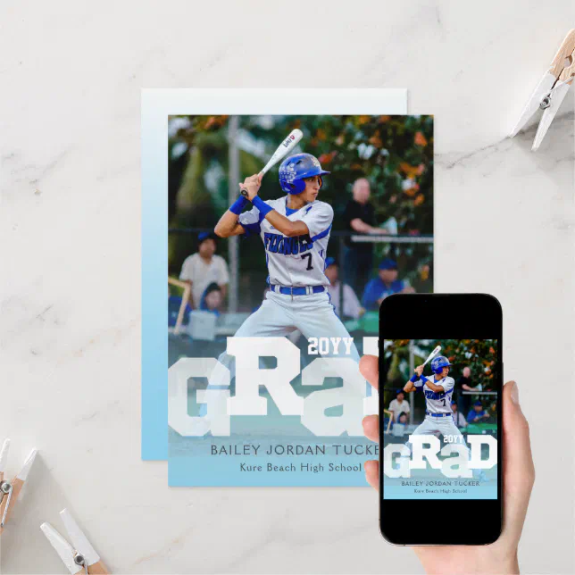 Athlete GRAD Sporty Light Blue Photo Graduation Invitation | Zazzle