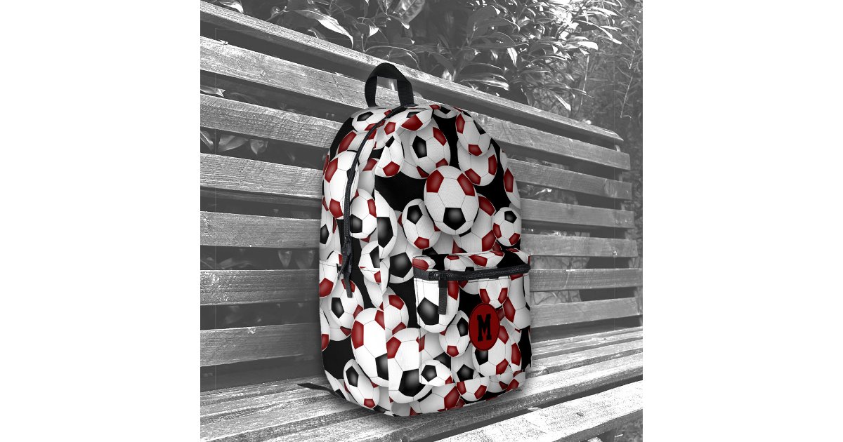Athletes monogrammed maroon black soccer balls printed backpack | Zazzle