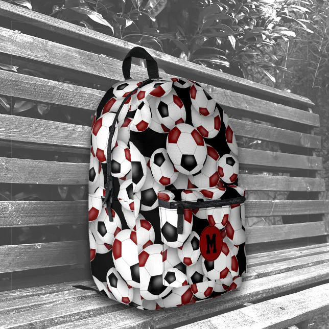 Athletes monogrammed maroon black soccer balls printed backpack | Zazzle