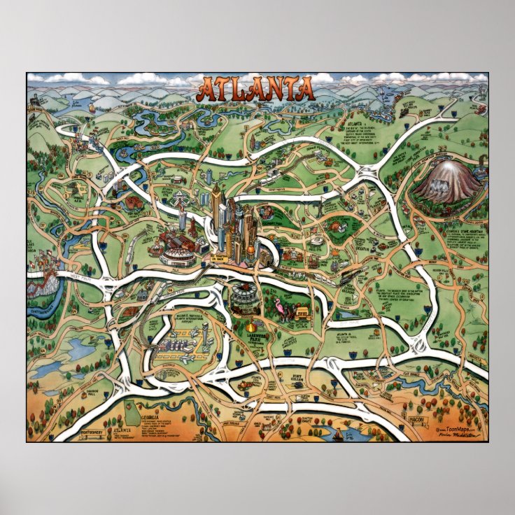 Atlanta Georgia Cartoon Map Poster | Zazzle