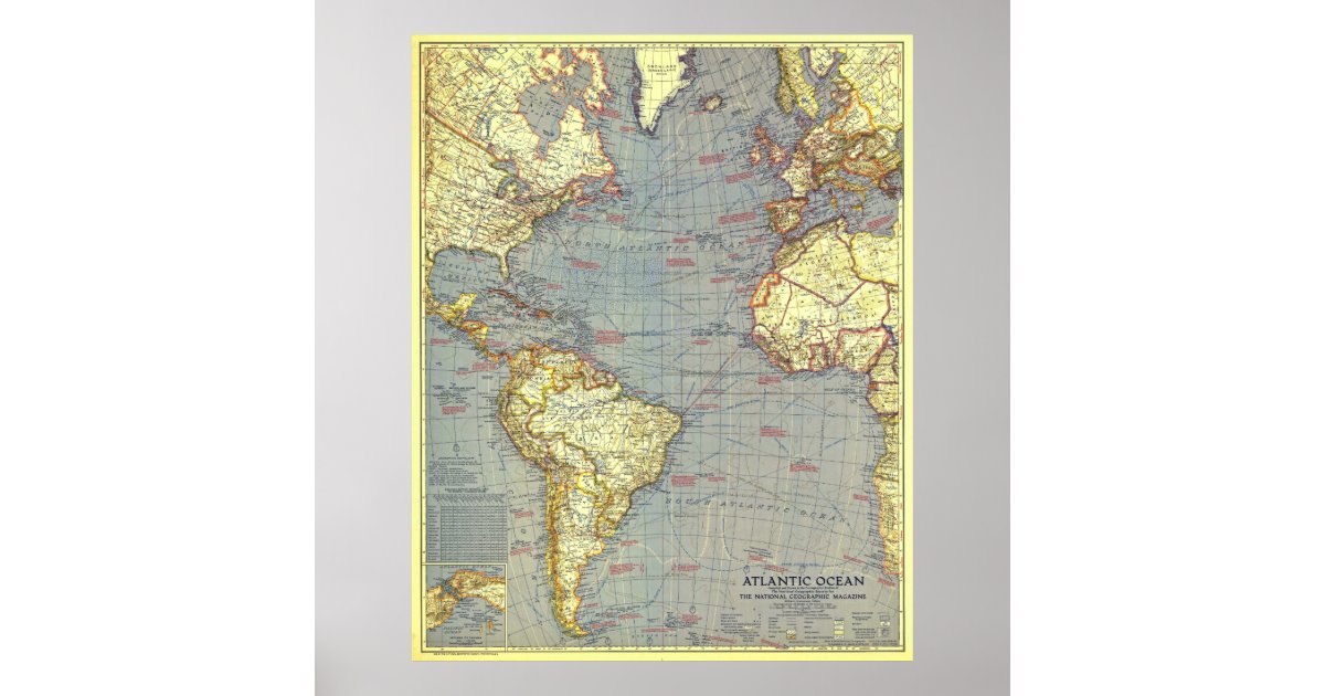 " Atlantic Ocean: 1939 Detailed MAP ... Poster | Zazzle