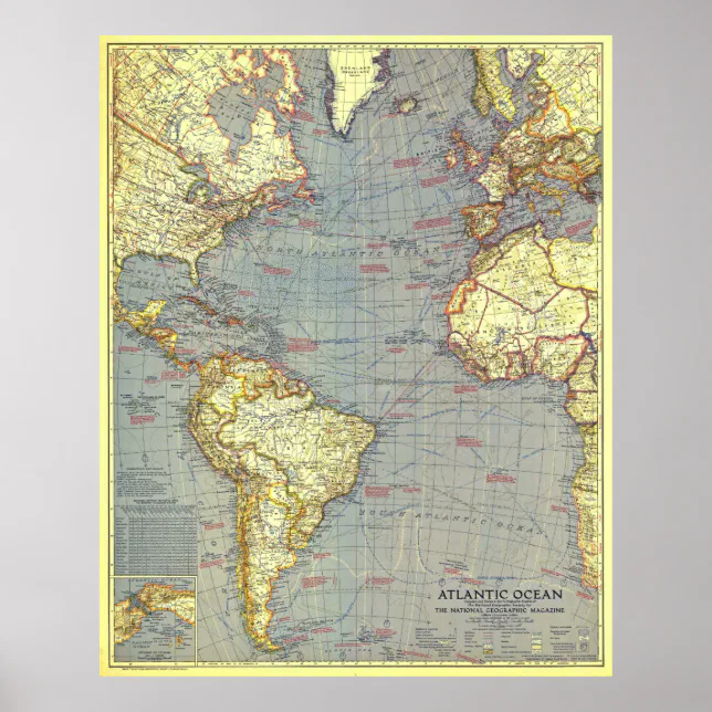 " Atlantic Ocean: 1939 Detailed MAP ... Poster | Zazzle