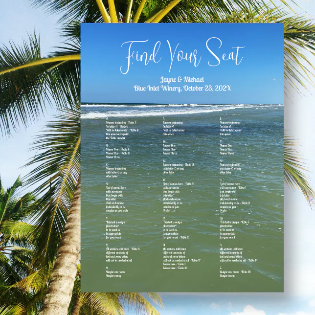 Atlantic Ocean Alphabetical Table Seating Chart Foam Board | Zazzle