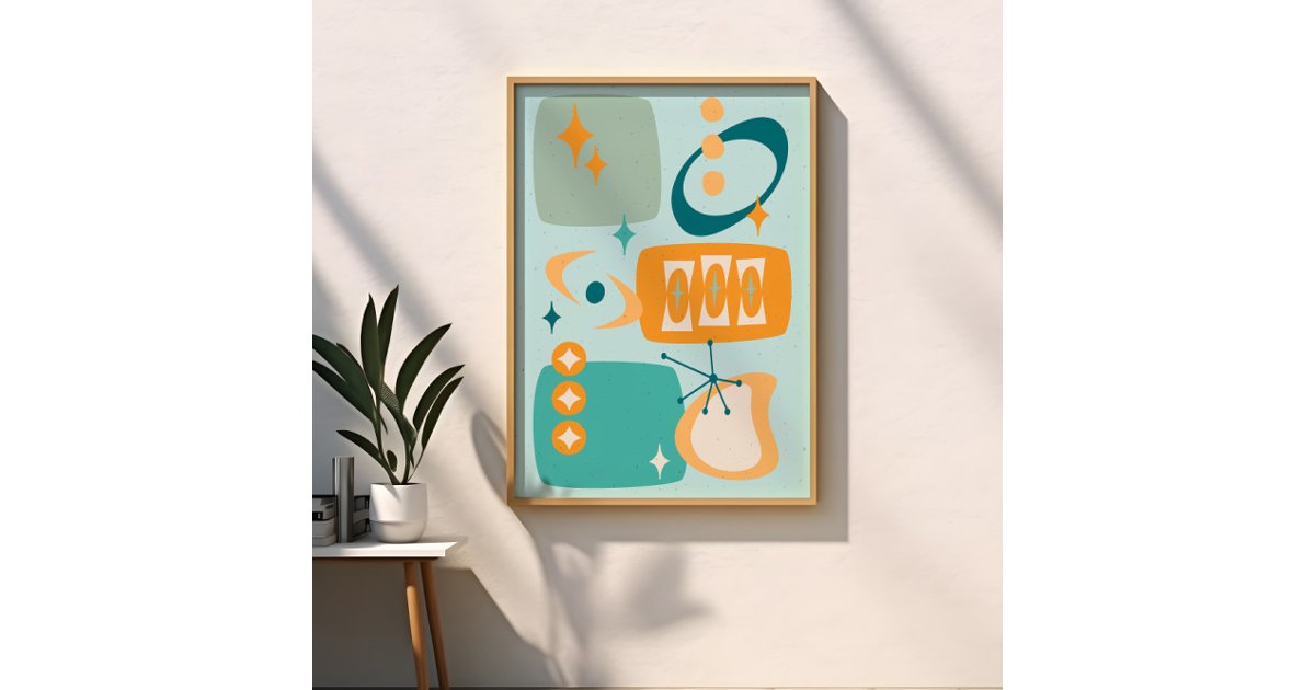 Atomic Age Mid Century Abstract Aqua Orange Poster | Zazzle