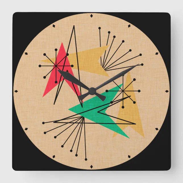 Atomic Arrows and Starbursts Mid Century Modern Square Wall Clock | Zazzle