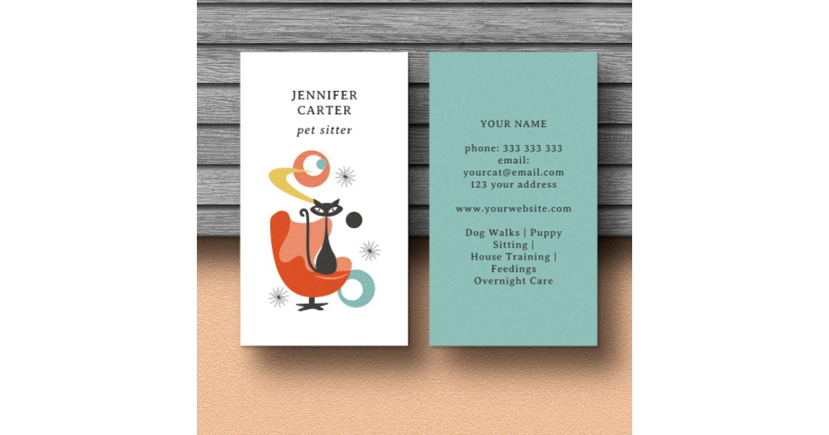 ATOMIC CAT ON A CHAIR MID CENTURY PET SITTER BUSINESS CARD | Zazzle
