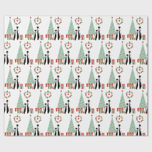 Atomic Era MCM Cool Cat Christmas Tree Wrapping Paper | Zazzle