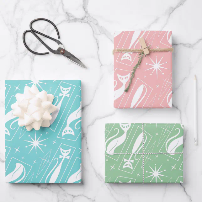 Atomic Star Cat MidCentury Modern Christmas Pastel Wrapping Paper ...