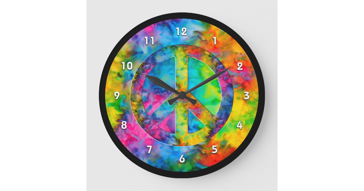 [Atomic Tie-Dye] Rainbow Colors Peace Sign Symbol Large Clock | Zazzle