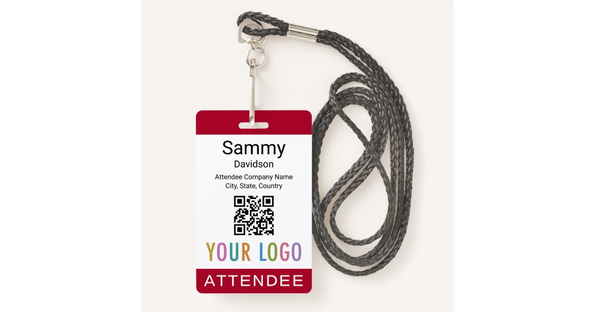 Attendee Name Badge QR Code Event Logo Dark Red | Zazzle