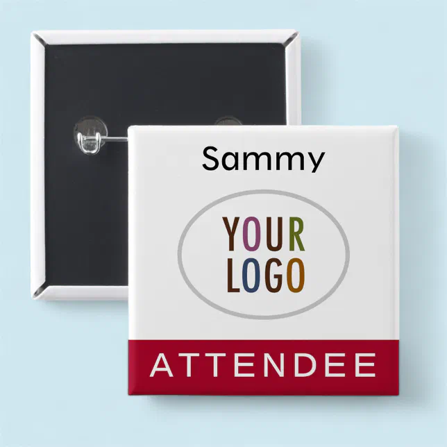 Attendee Name Badge with Logo Dark Red Square Button | Zazzle