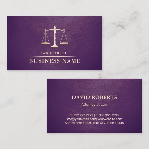 Attorney at Law Gold Scale Purple Gold Lawyer Business Card | Zazzle