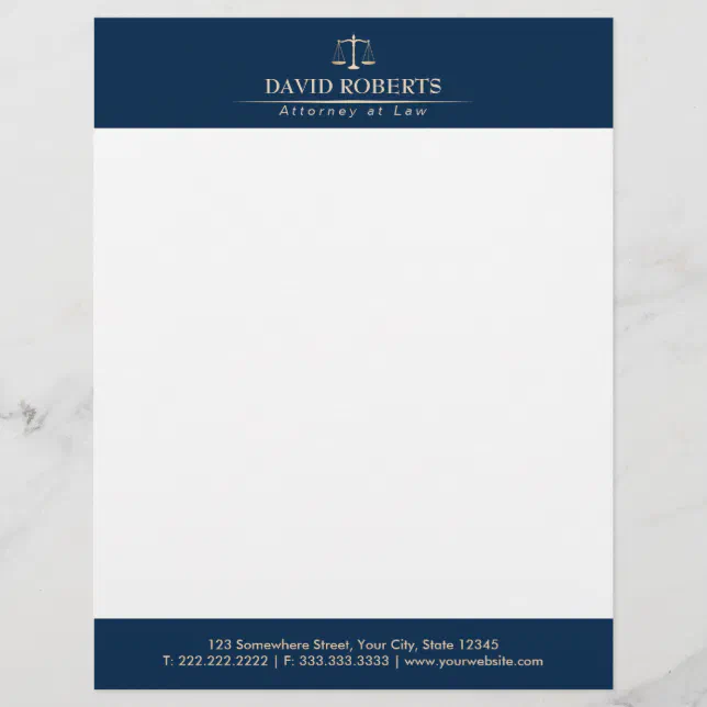 Attorney at Law Royal Blue Gold Scale Lawyer Letterhead | Zazzle
