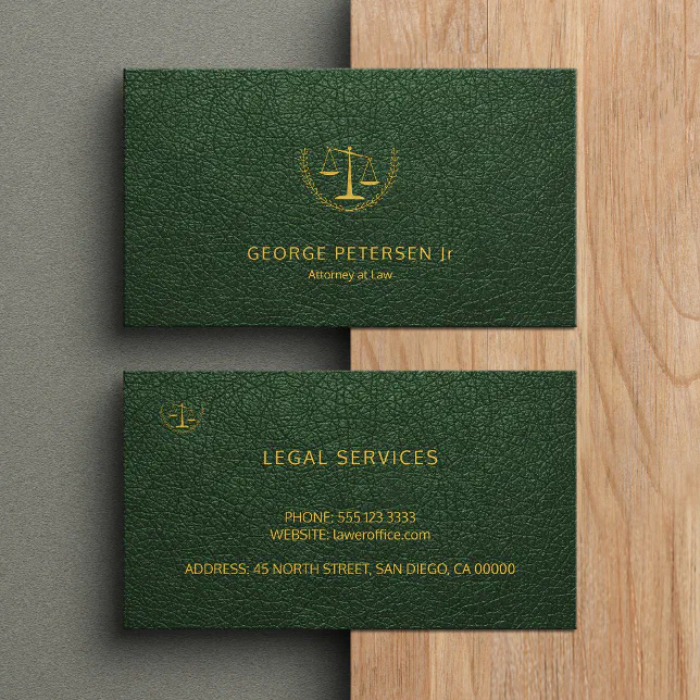 Attorney luxury gold scale dark green leather look business card | Zazzle