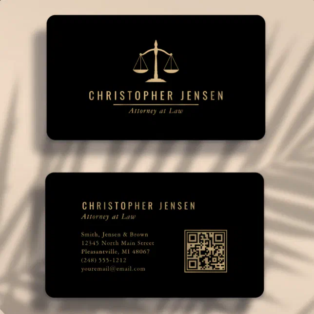 Attorney QR Code Black Gold Scales Rounded Business Card | Zazzle