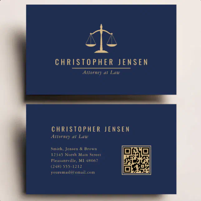 Attorney QR Code Navy Blue Gold Scales Simple Business Card | Zazzle