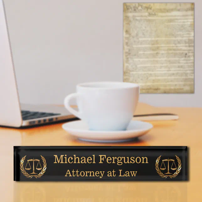 Attorney Scales of Justice Black and Gold Name Plate | Zazzle