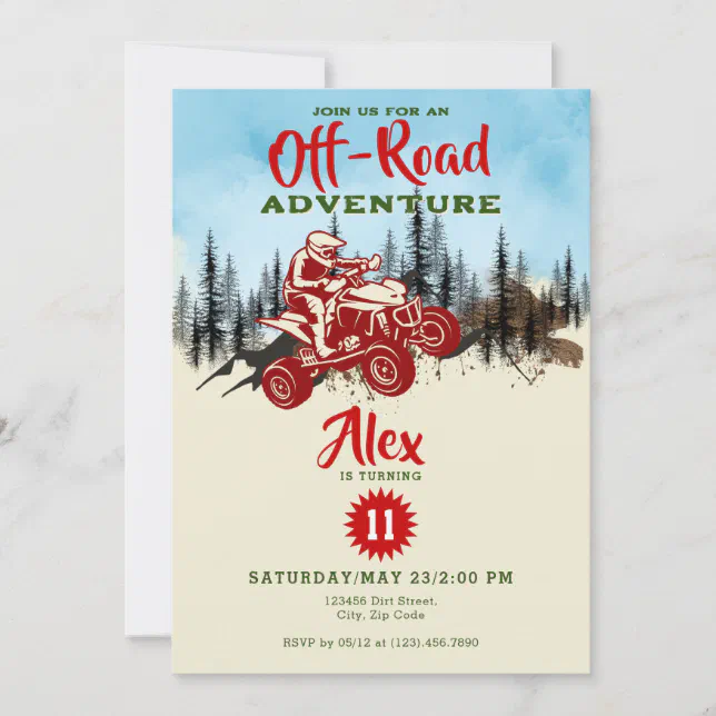 ATV Four Wheeler Off Road Adventure Birthday Invitation | Zazzle