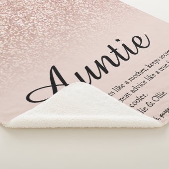 Aunt Auntie Definition Script Rose Gold Glitter Sherpa Blanket | Zazzle