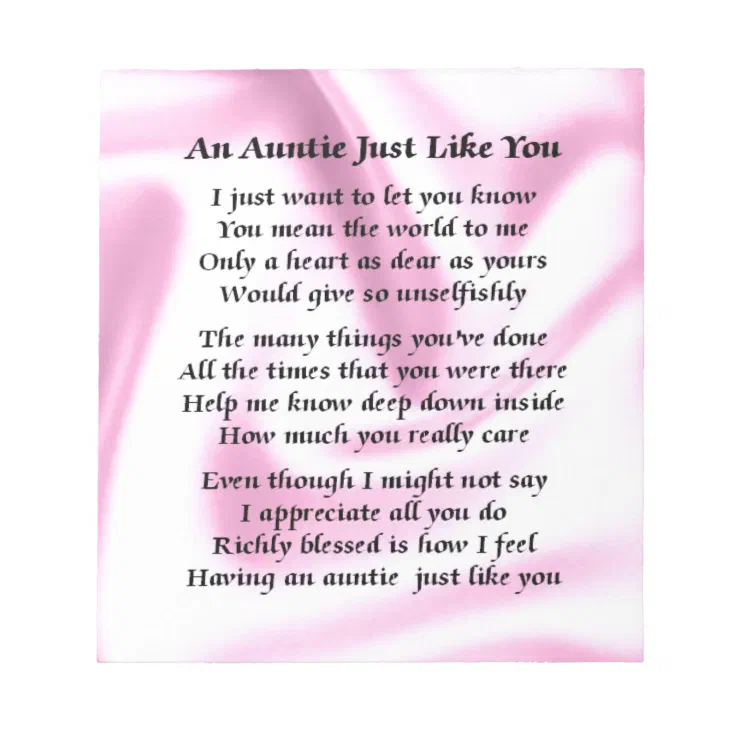 Auntie Poem Pink Silk Notepad | Zazzle