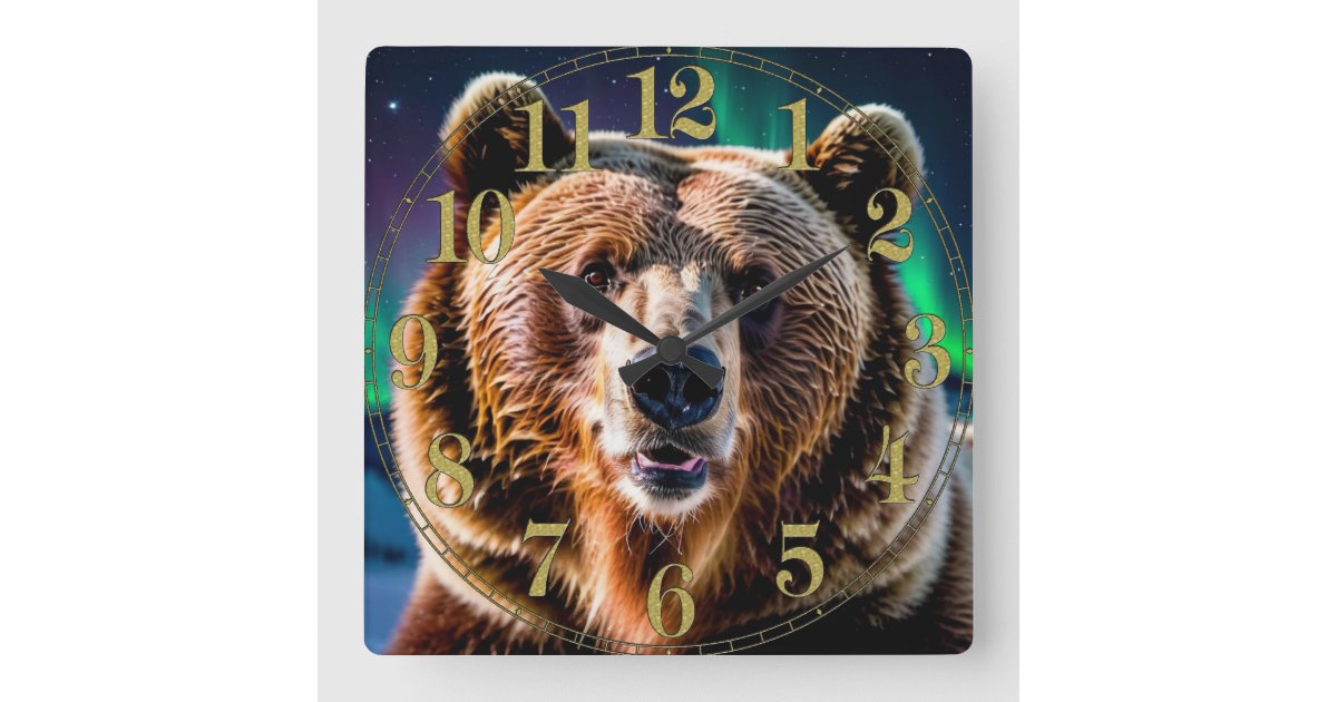 Aurora & Grizzly Bear Wildlife Design Square Wall Clock | Zazzle