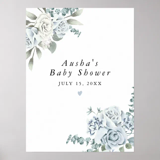 AUSHA Dusty Blue Floral Boy Baby Shower Welcome Poster | Zazzle
