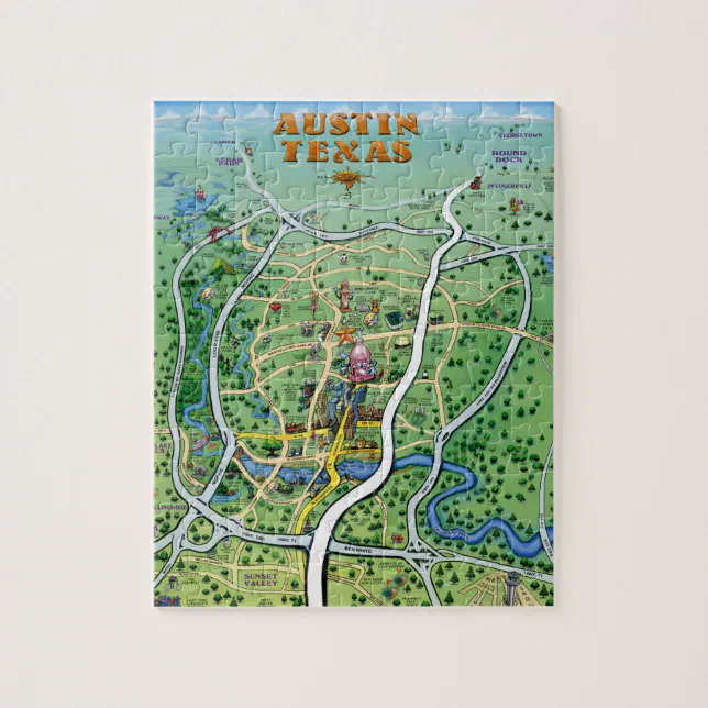 Austin Texas Cartoon Map Jigsaw Puzzle | Zazzle