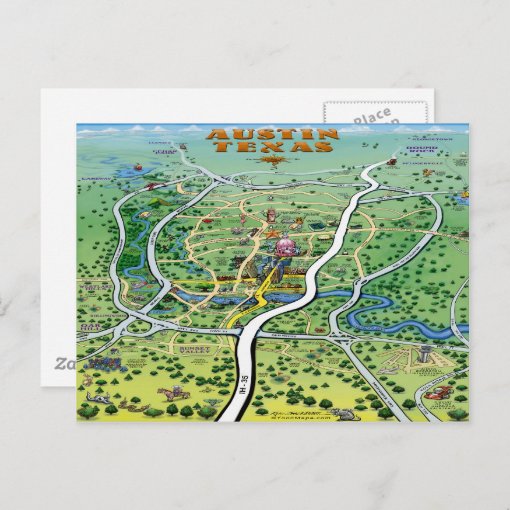 Austin Texas Cartoon Map Postcard | Zazzle