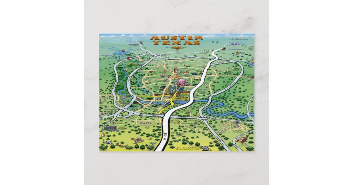 Austin Texas Cartoon Map Postcard | Zazzle