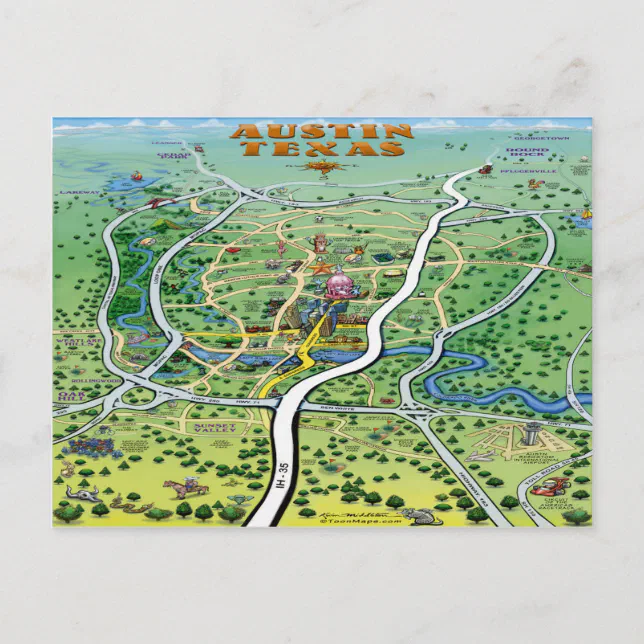 Austin Texas Cartoon Map Postcard | Zazzle