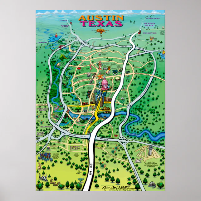 Austin Texas Cartoon Map Poster | Zazzle