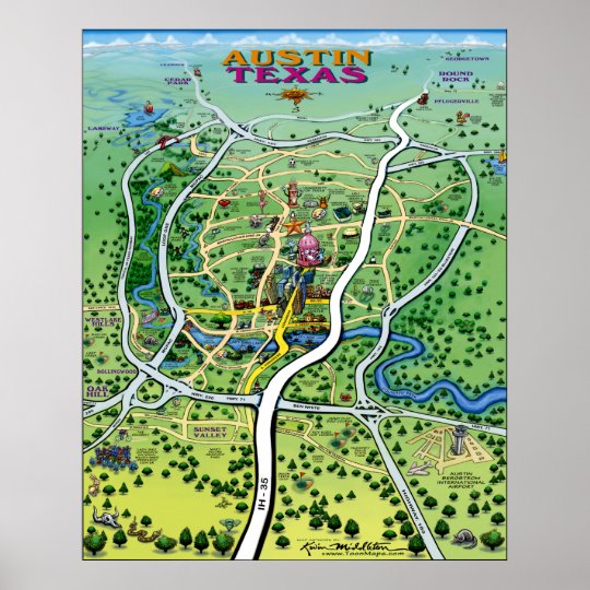 Austin Texas Cartoon Map Poster | Zazzle.com