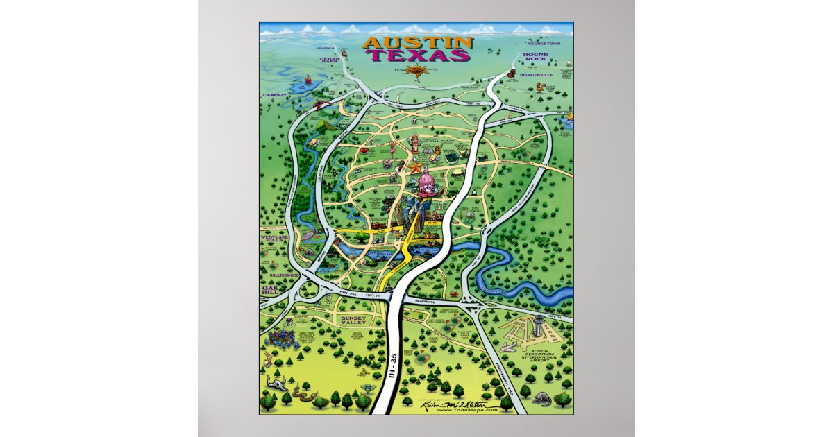 Austin Texas Cartoon Map Poster | Zazzle