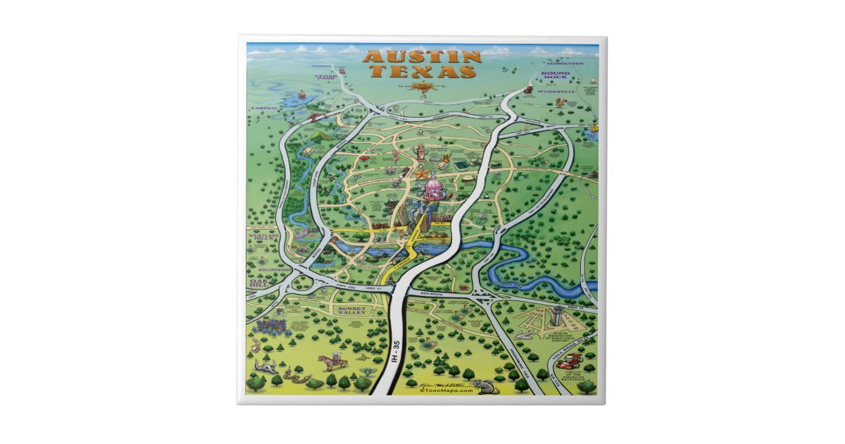 Austin Texas Cartoon Map Tile | Zazzle