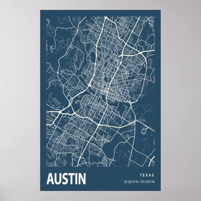 Austin Texas City Map Line Art Blue Print | Zazzle