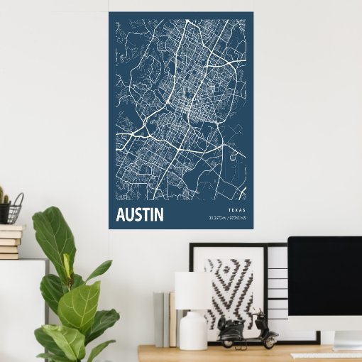 Austin Texas City Map Line Art Blue Print | Zazzle
