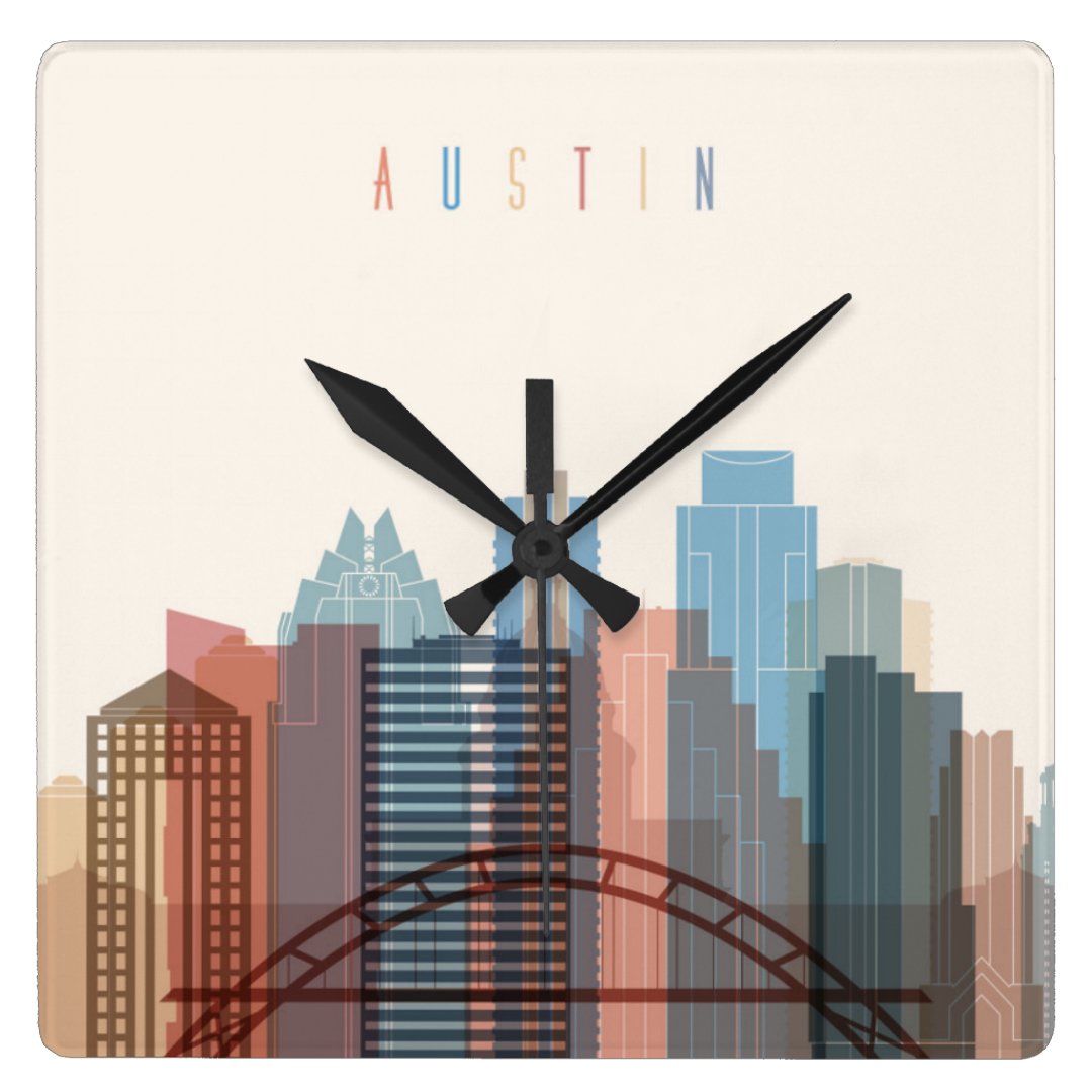 Austin, Texas | City Skyline Square Wall Clock | Zazzle