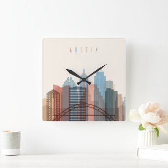 Austin, Texas | City Skyline Square Wall Clock | Zazzle