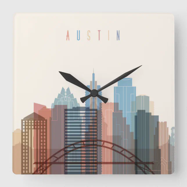 Austin, Texas | City Skyline Square Wall Clock | Zazzle