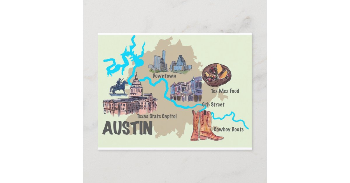 Austin Texas Highlights Map Postcard | Zazzle